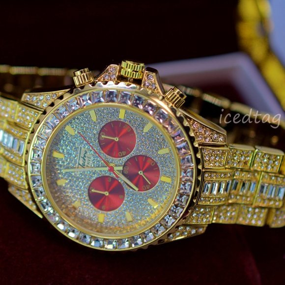 Accessories | Mens Full Iced Out Chronograph Red Face Watch | Poshmark